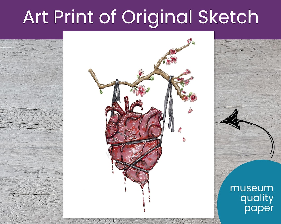 Bloody Heart Wall Art, Original Sketch Gorey Bleeding Organ Decor ...