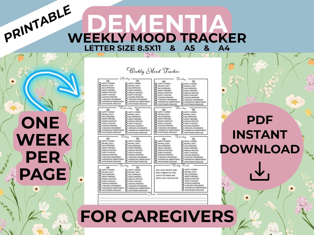 Dementia Weekly Mood Tracker Printable PDF, Alzheimer's Caregiver ...