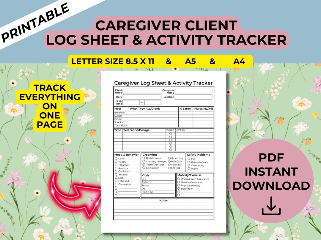 Printable Caregiver Activity Health Tracker Planner, Daily Dementia ...