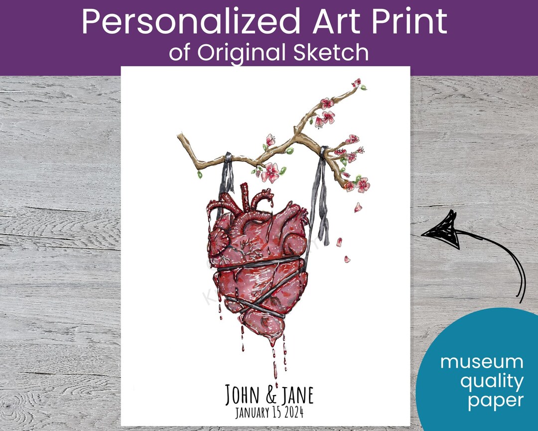 PERSONALIZED Bloody Heart Wall Art, Original Sketch Gorey Bleeding ...