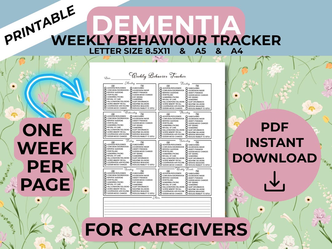 Dementia Weekly Behavior Tracker Printable PDF, Alzheimer's Caregiver ...