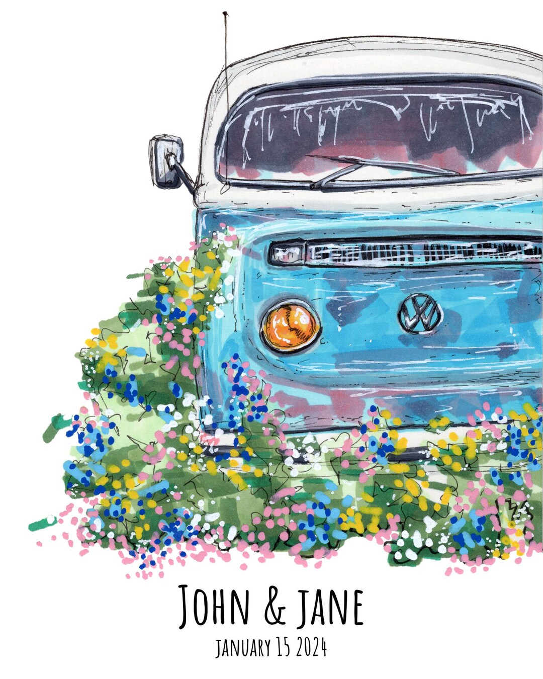 PERSONALIZED Blue VW Bus With Flowers Wall Art Print Alcohol Markers ...