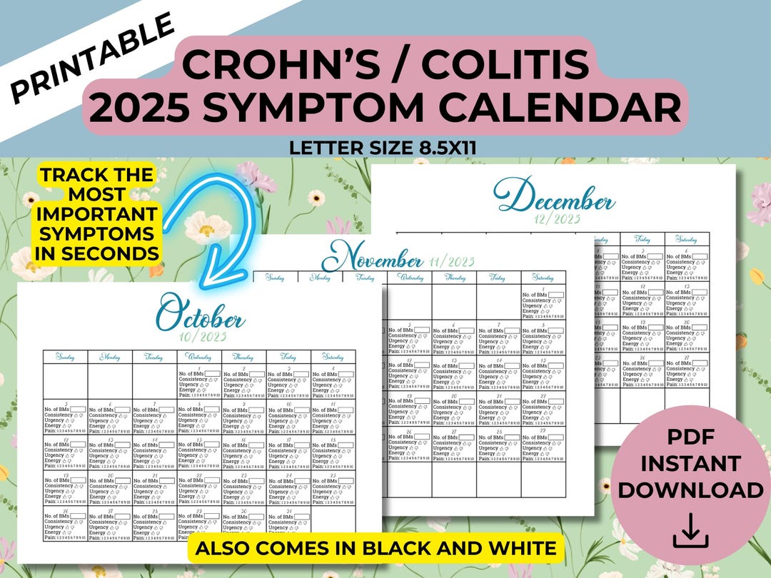 Printable Crohn's & Colitis 2025 Symptom Calendar PDF, IBD IBS Pain ...
