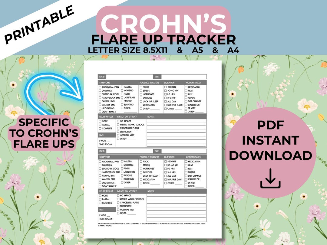 Crohn's Flare up Tracker, Colitis Symptom Workbook, Trigger Journal ...