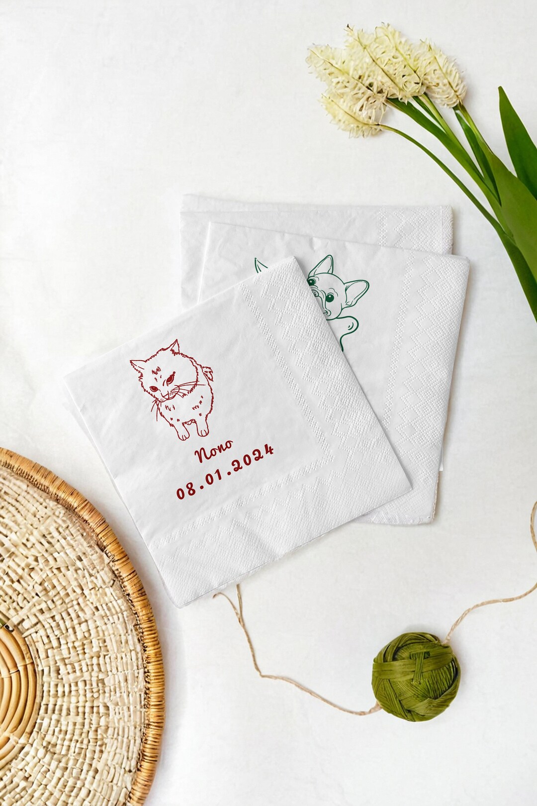 Custom Cat Napkin, Illustrated Pet Portrait, Pet Face Colorful Napkins ...