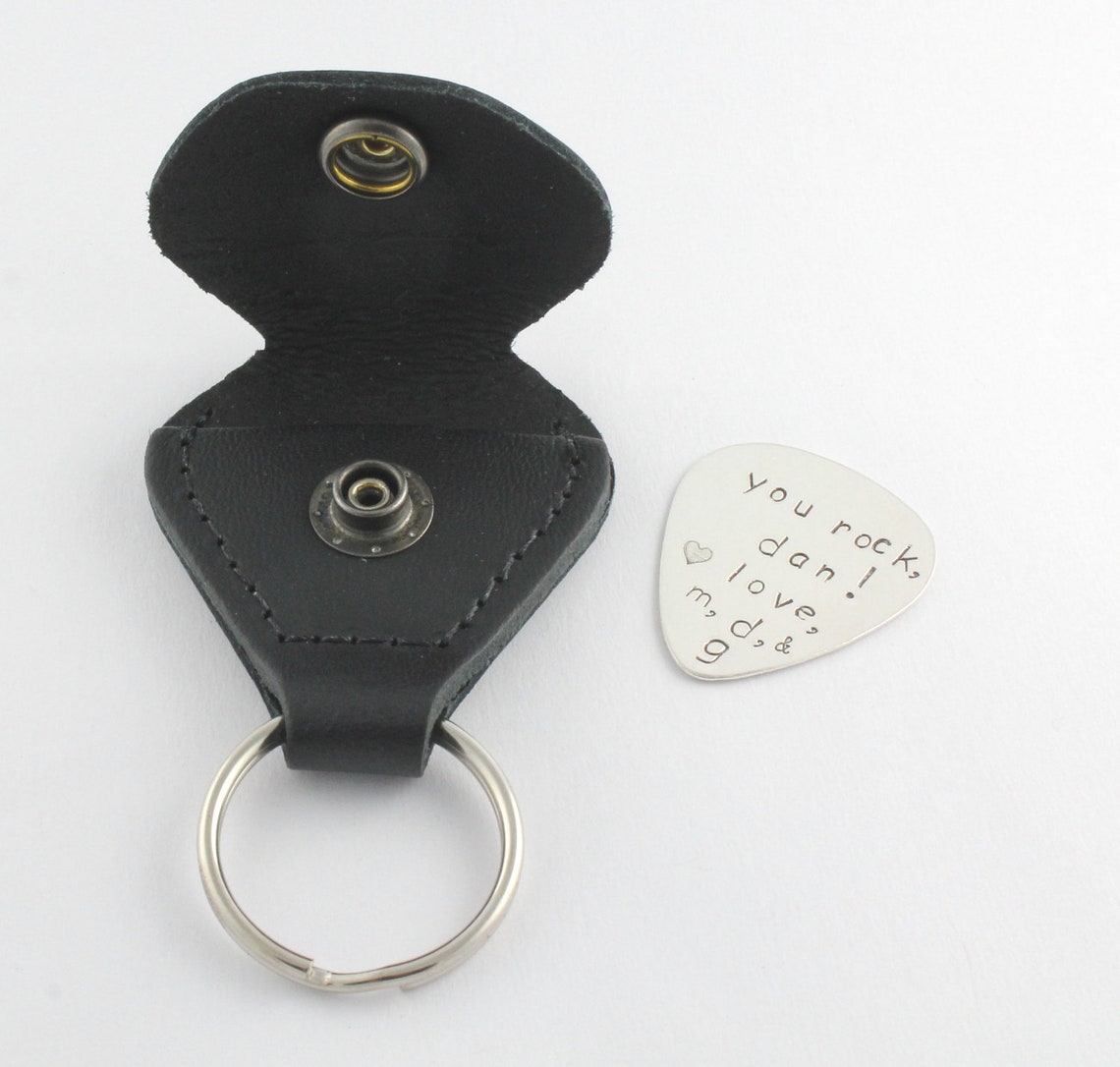 Personalized Guitar Pick With Leather Keychain Case Sterling - Etsy