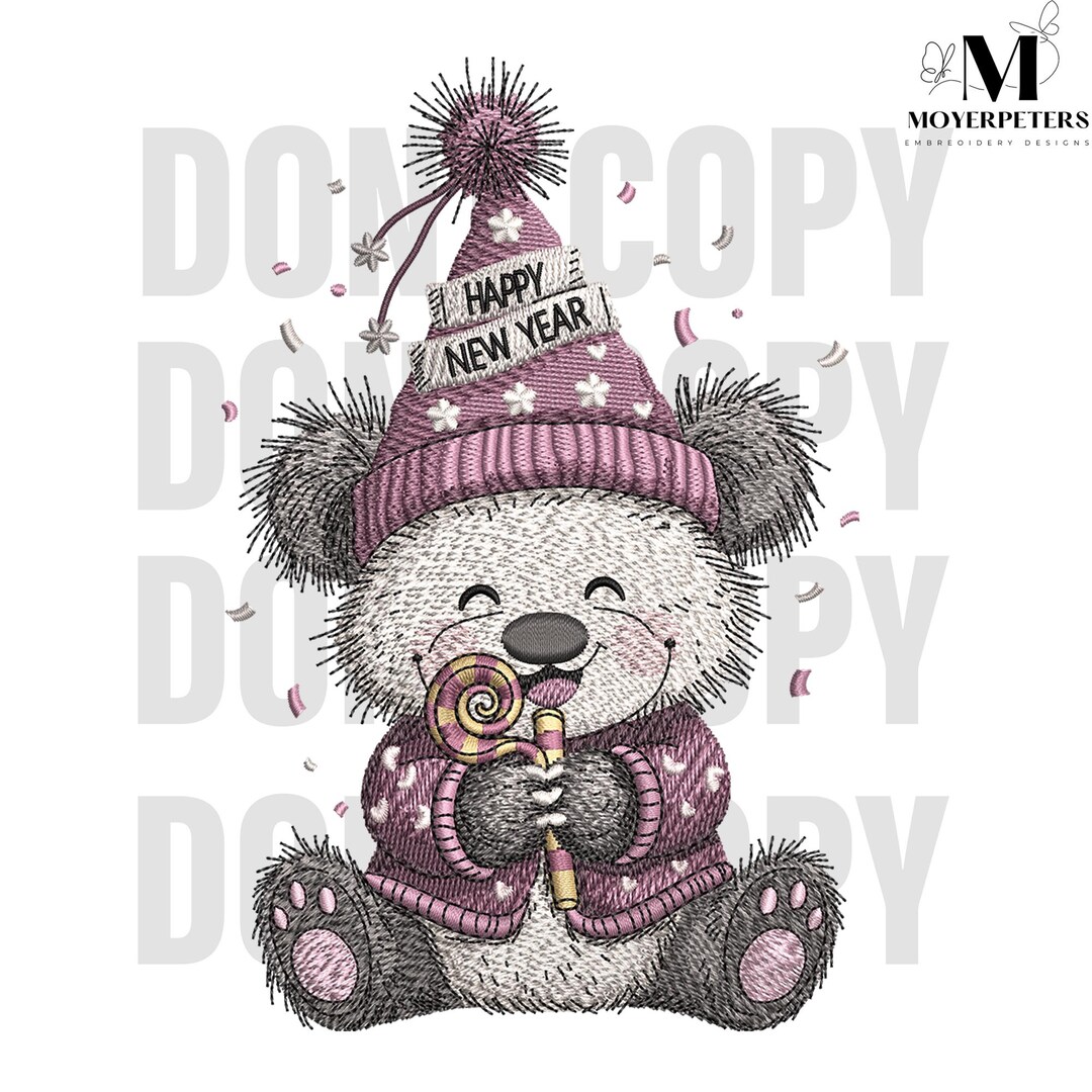 Happy New Year Bear Embroidery Designs, Winter Party Embroidery Design ...