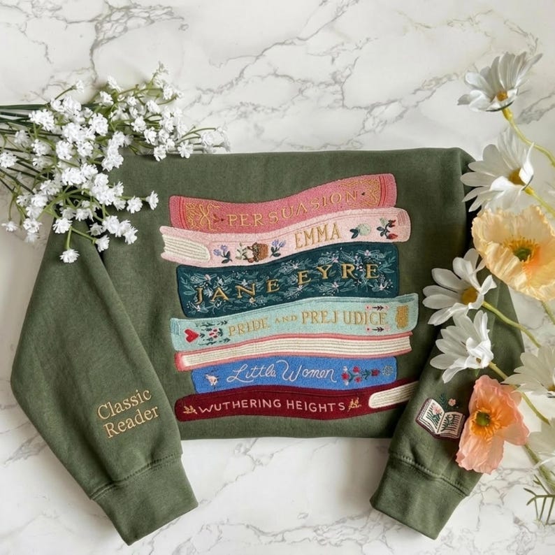 Classic Literature Book Stack Embroidered Shirt, Jane Austen Bronte ...