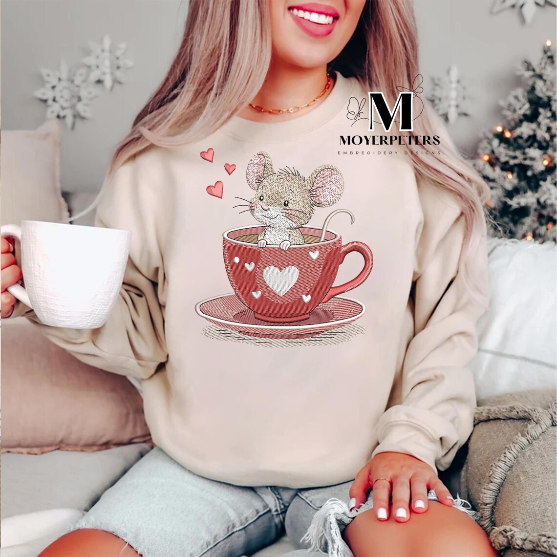 Cute Valentine Mouse Embroidery Designs, Mouse in Cup Embroidery Design ...