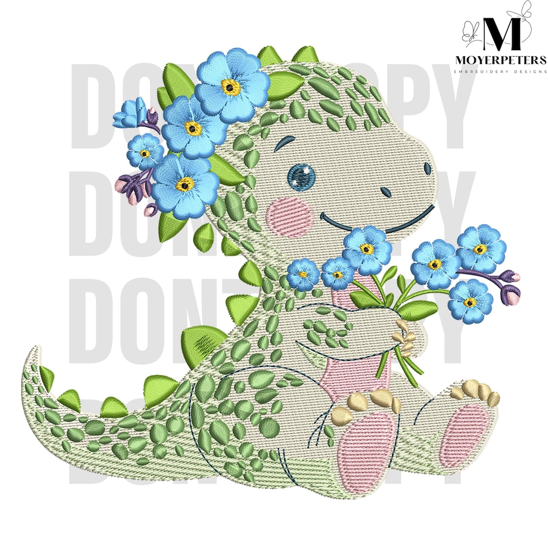 Green Baby Dinosaur Embroidery Designs, Floral Dinosaur Embroidery ...