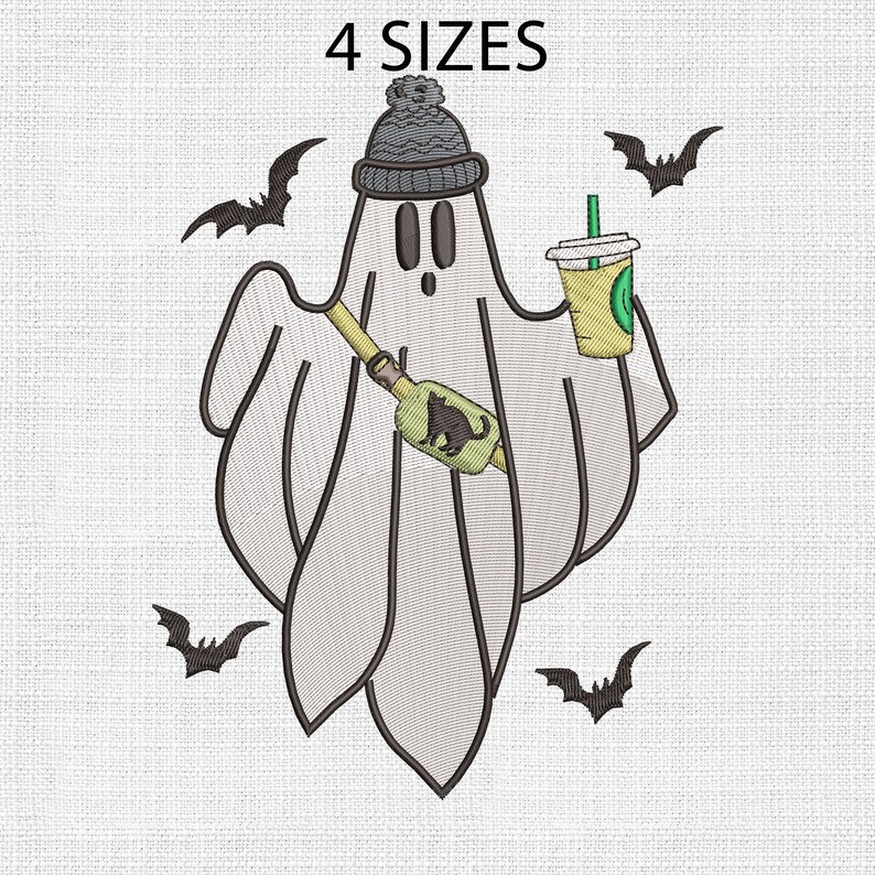 Ghost Drinking Iced Coffee Machine Embroidery Designs, Halloween Ghost ...