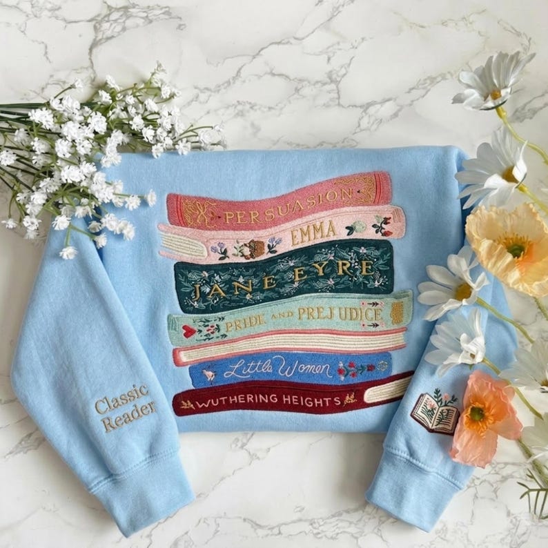 Classic Literature Book Stack Embroidered Shirt, Jane Austen Bronte ...