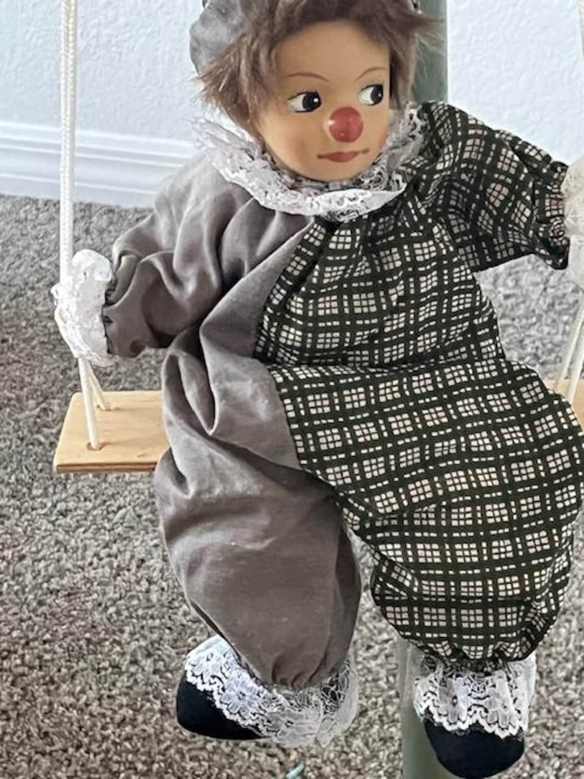 Vintage Puppet Marionette Porcelain and Cloth Clown on Wood Swing - Etsy