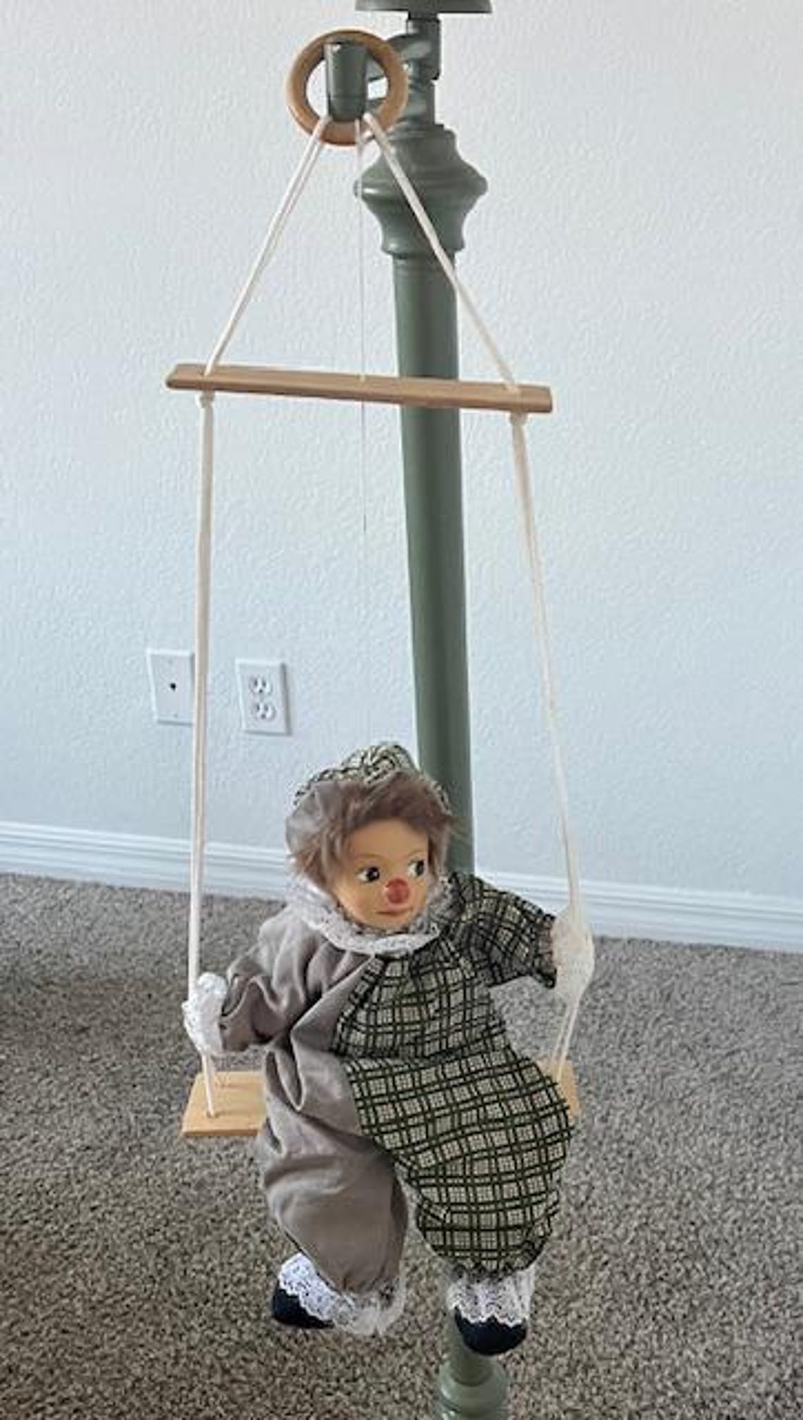 Vintage Puppet Marionette Porcelain and Cloth Clown on Wood Swing - Etsy