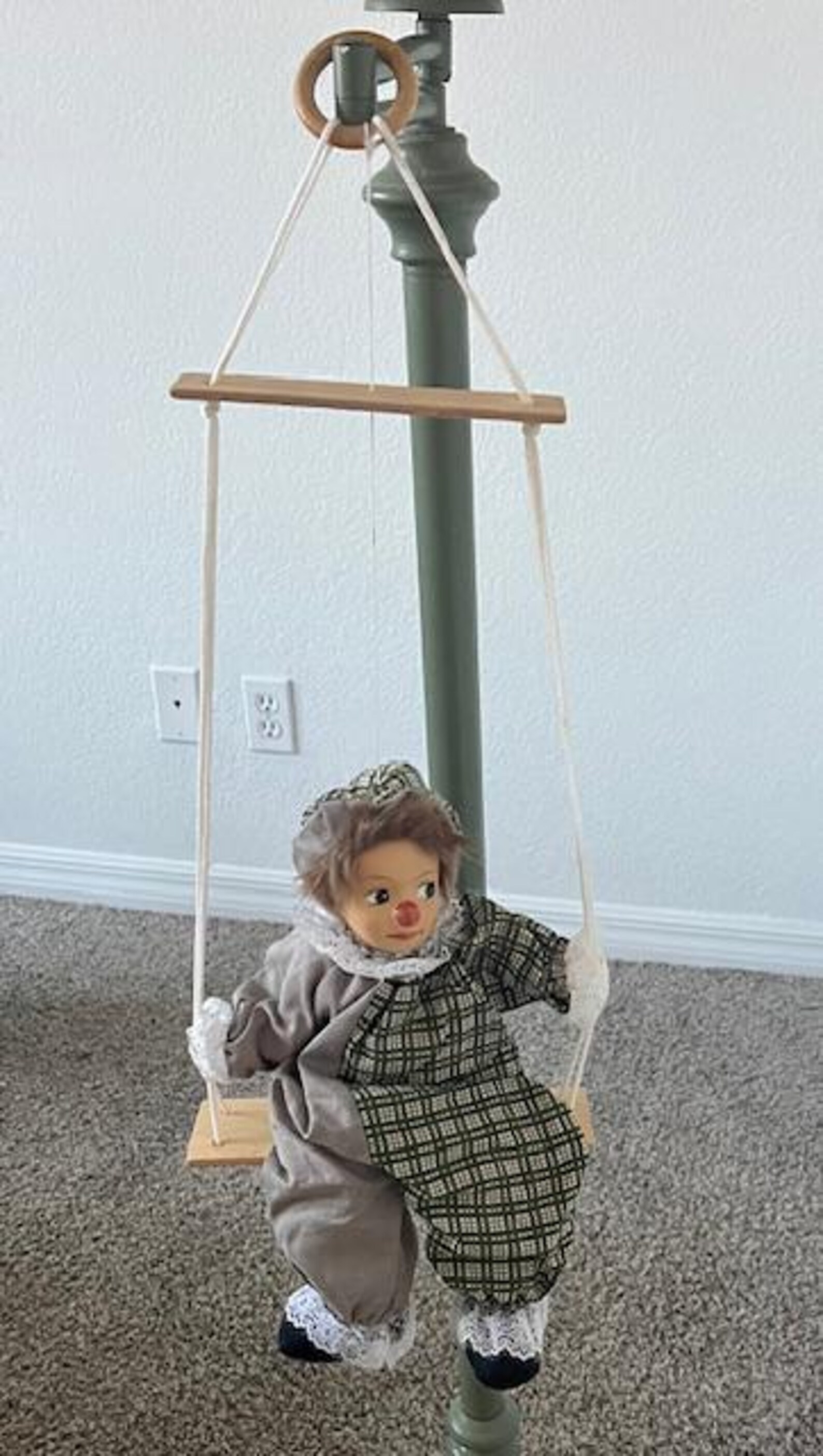 Vintage Puppet Marionette Porcelain and Cloth Clown on Wood Swing - Etsy