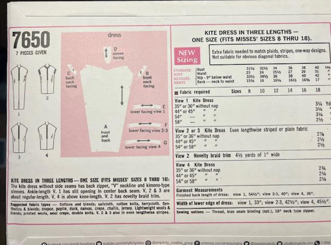 1960s Simplicity Kite Dress 7650 One Size Fits Most sz 6 Sz 18 Uncut ...