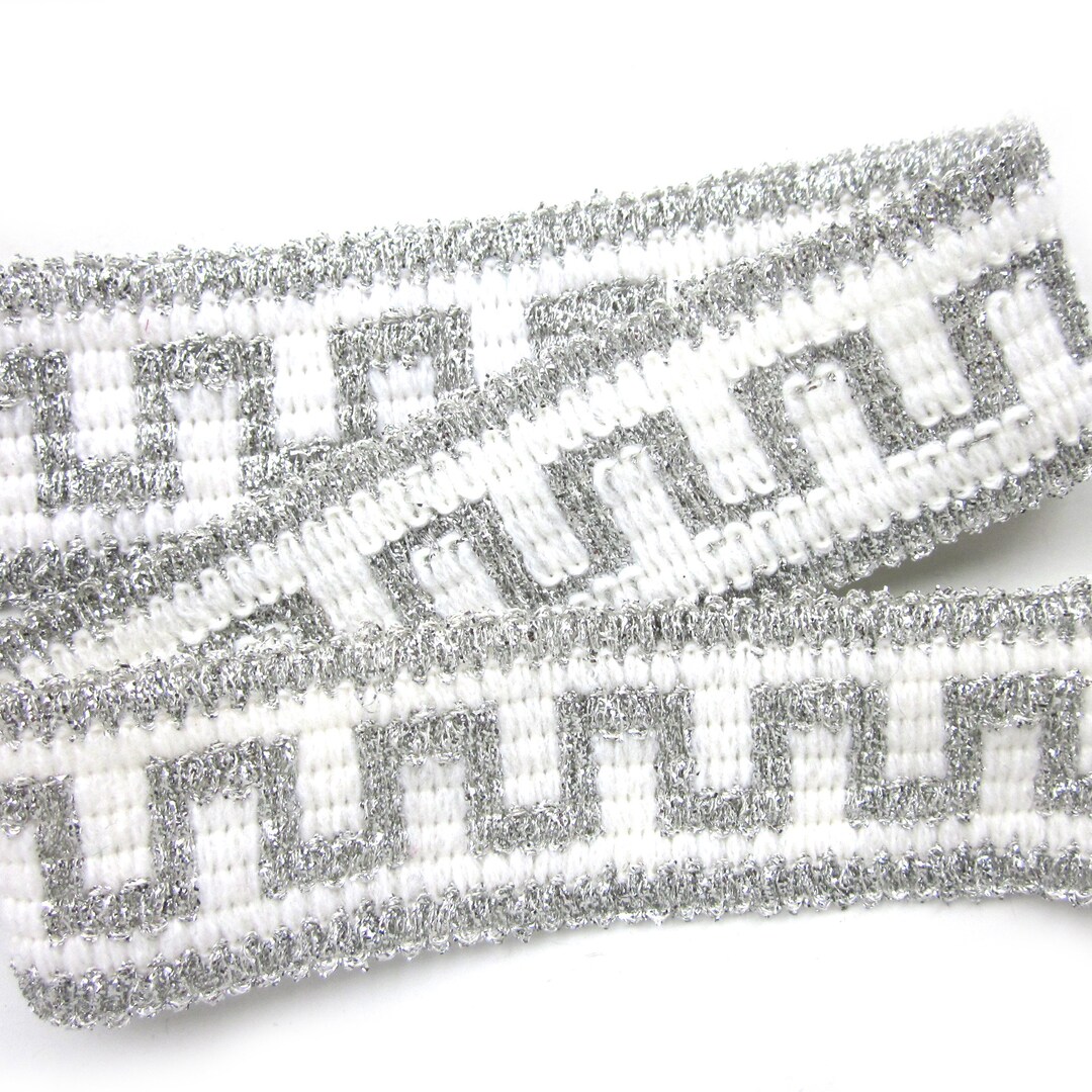 Vintage Grecian Motif Embroidered Trim, Metallic Silver & White ...