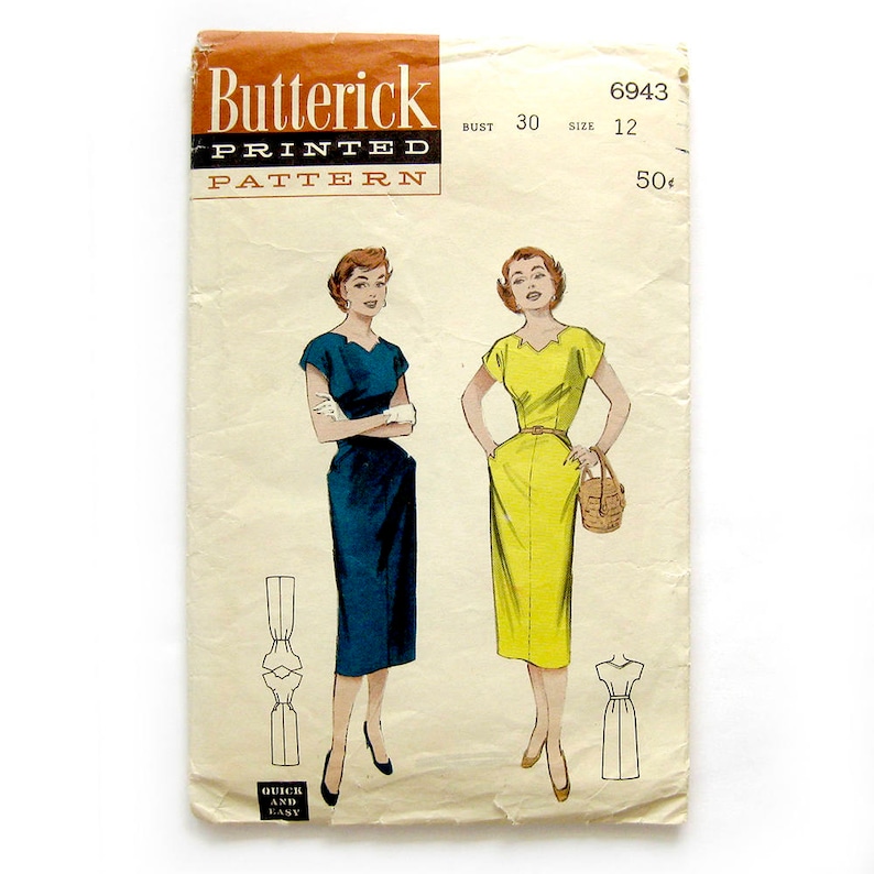 1950s Wiggle Dress Sewing Pattern: Vintage Butterick 6943, Bust 30 - Etsy
