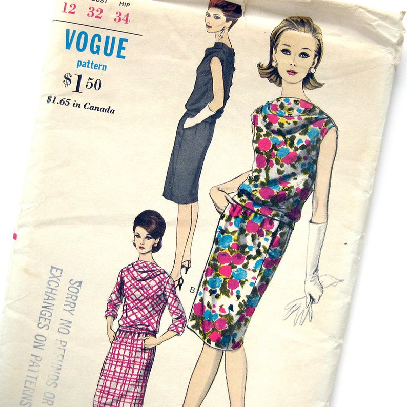 Vintage Vogue Sewing Pattern / Two Piece Dress / Draped Neckline ...