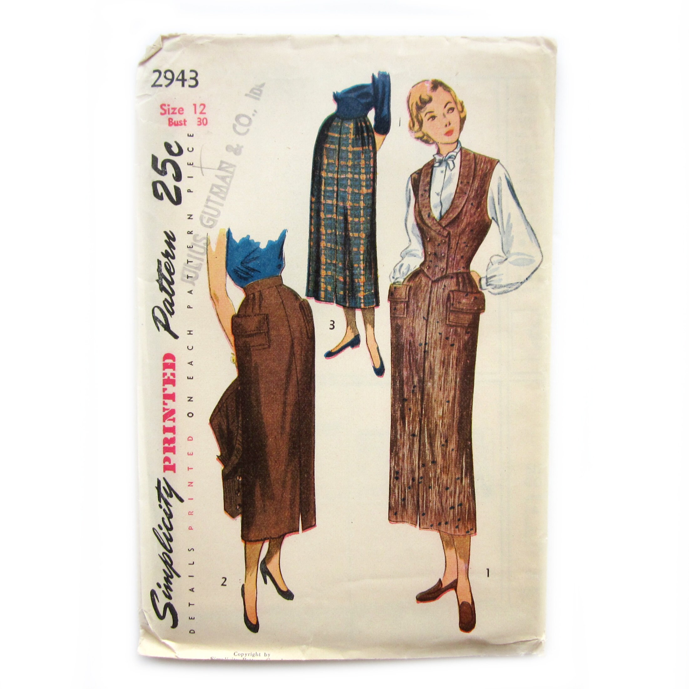 1940s Vintage Sewing Pattern, SKIRT and Double Breasted WESKIT, Wiggle ...