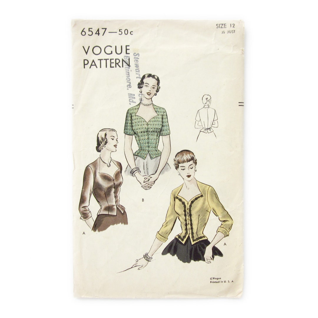 1940s Vintage Blouse Pattern, Vogue 6547, Rockabilly Style, Button ...
