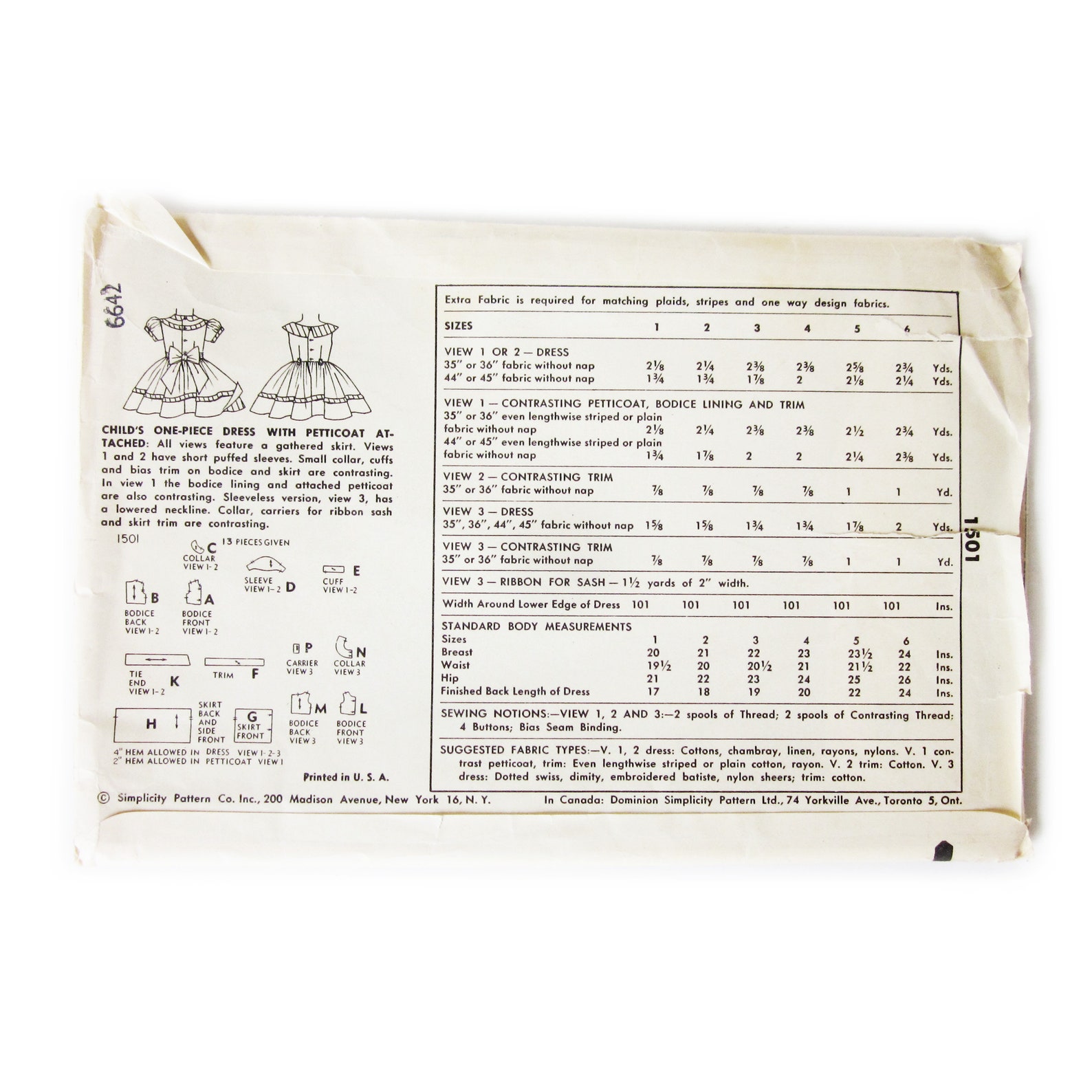 1950s Child's One-piece Dress With Petticoat Simplicity - Etsy