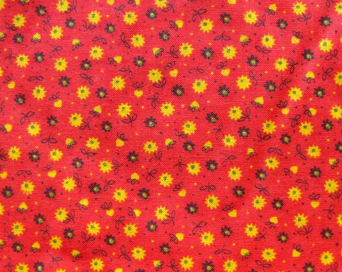 Vintage Cotton Fabric - Small Print Floral - Red Calico Fabric With ...