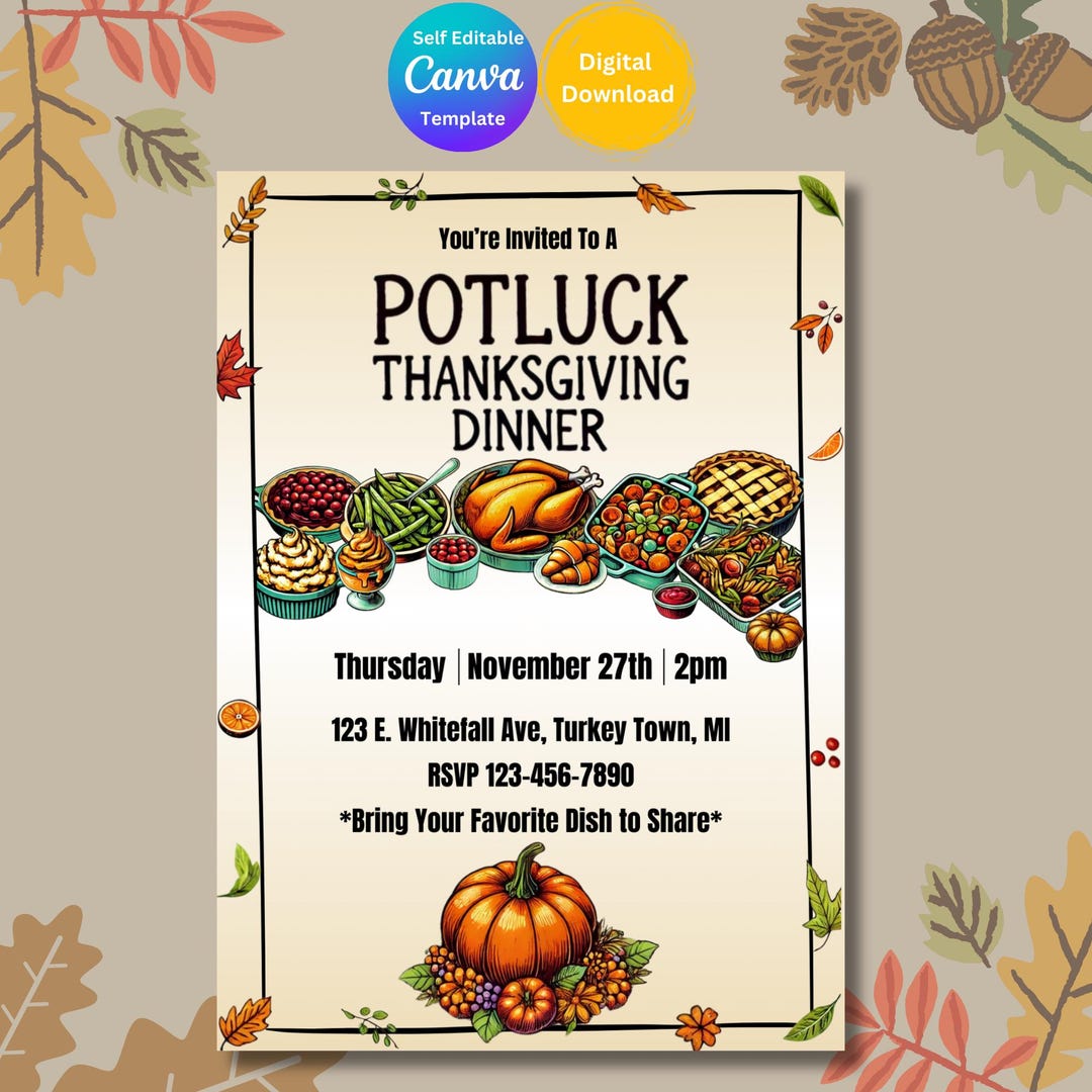 EDITABLE, Potluck Thanksgiving Dinner Invitation, Thanksgiving Dinner ...