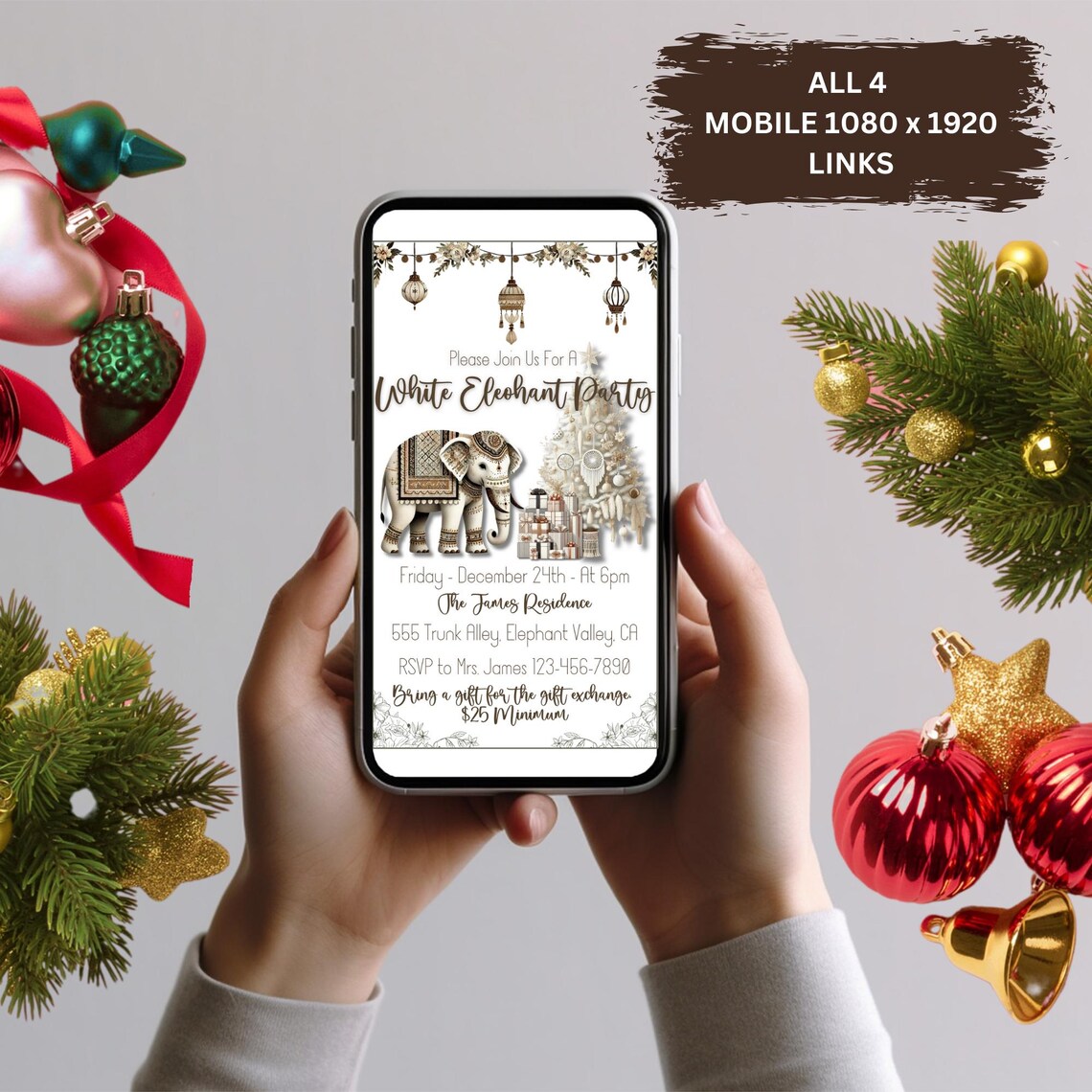 EDITABLE, White Elephant Gift Exchange Party Invitation, Boho Christmas ...