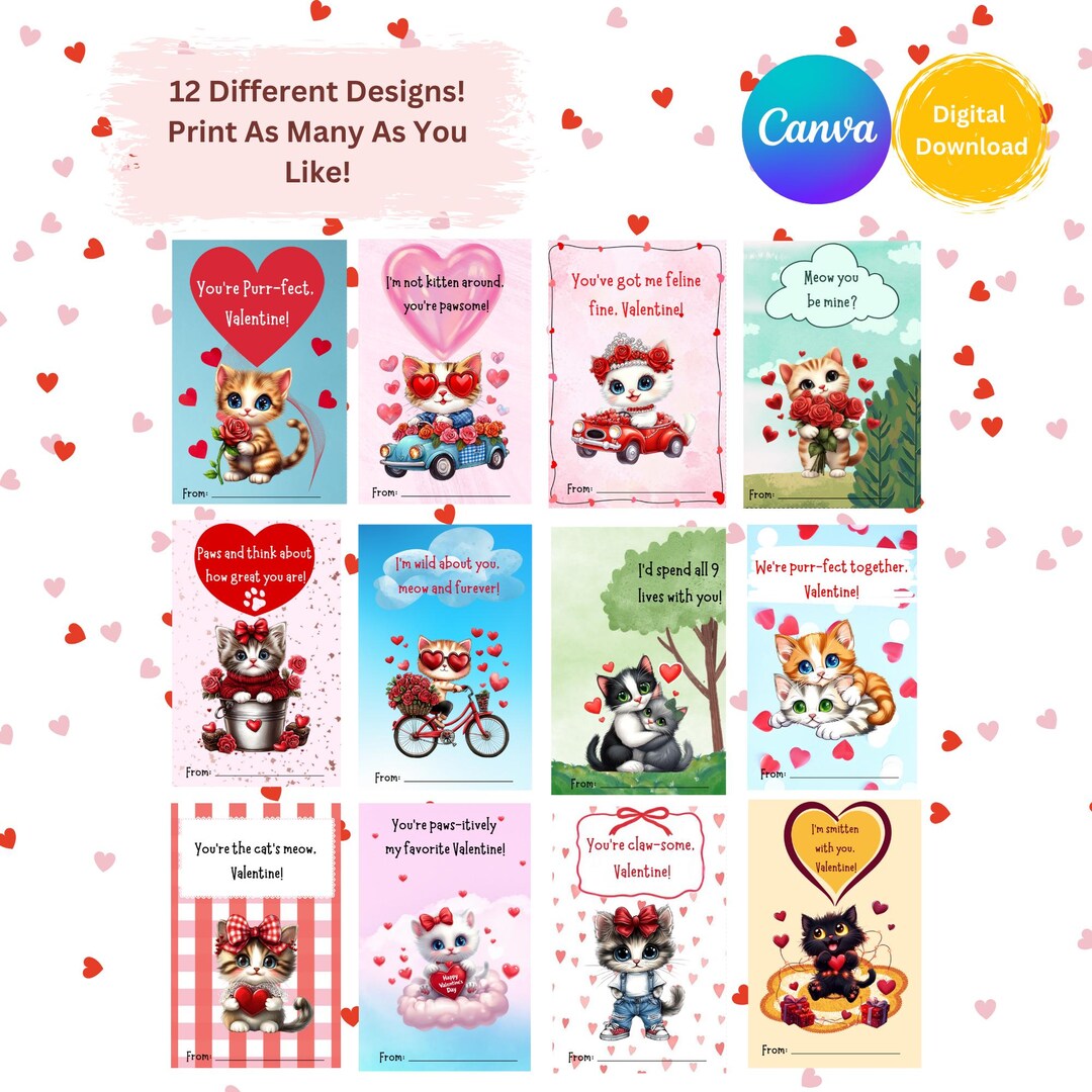Kids Valentine's Day Cards, Cute Cat Valentine Cards, Classroom ...