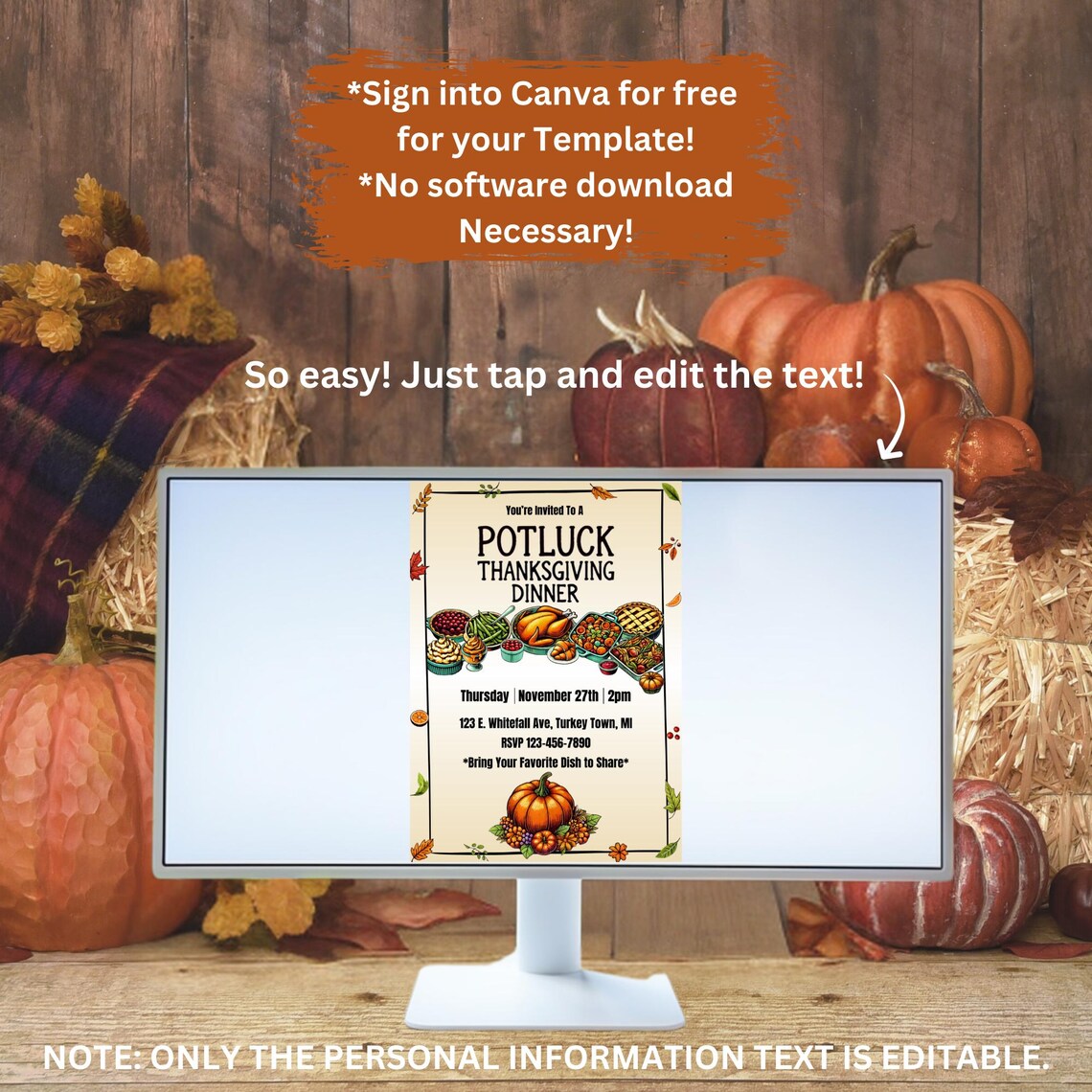 EDITABLE, Potluck Thanksgiving Dinner Invitation, Thanksgiving Dinner ...