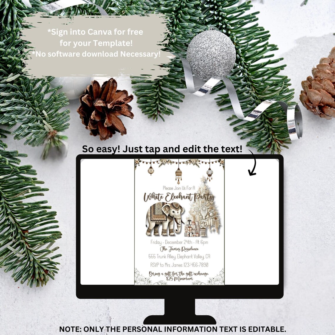 EDITABLE, White Elephant Gift Exchange Party Invitation, Boho Christmas ...