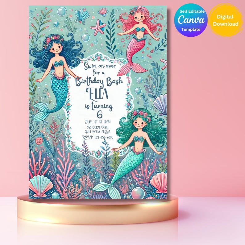 EDITABLE Mermaid Birthday Invitation, Mermaid Birthday Party Invitation ...