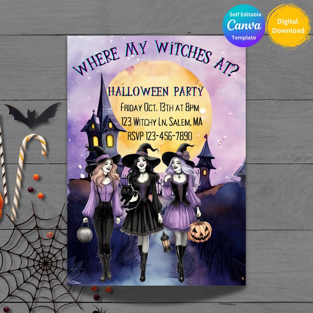 EDITABLE Where My Witches At? Halloween Party Invitation, Party Invite ...