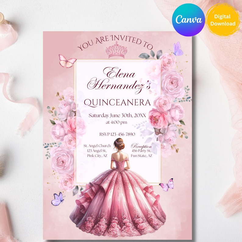 EDITABLE Quinceanera Invitation, Pink Princess Quinceanera Invitation ...