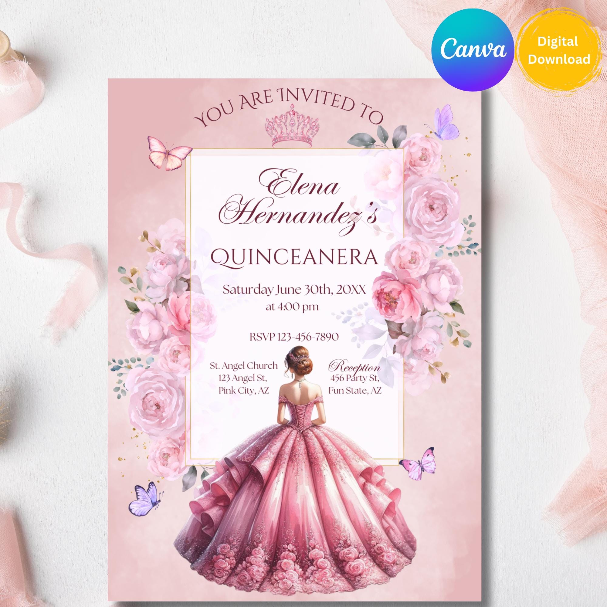 EDITABLE Quinceanera Invitation, Pink Princess Quinceanera Invitation ...