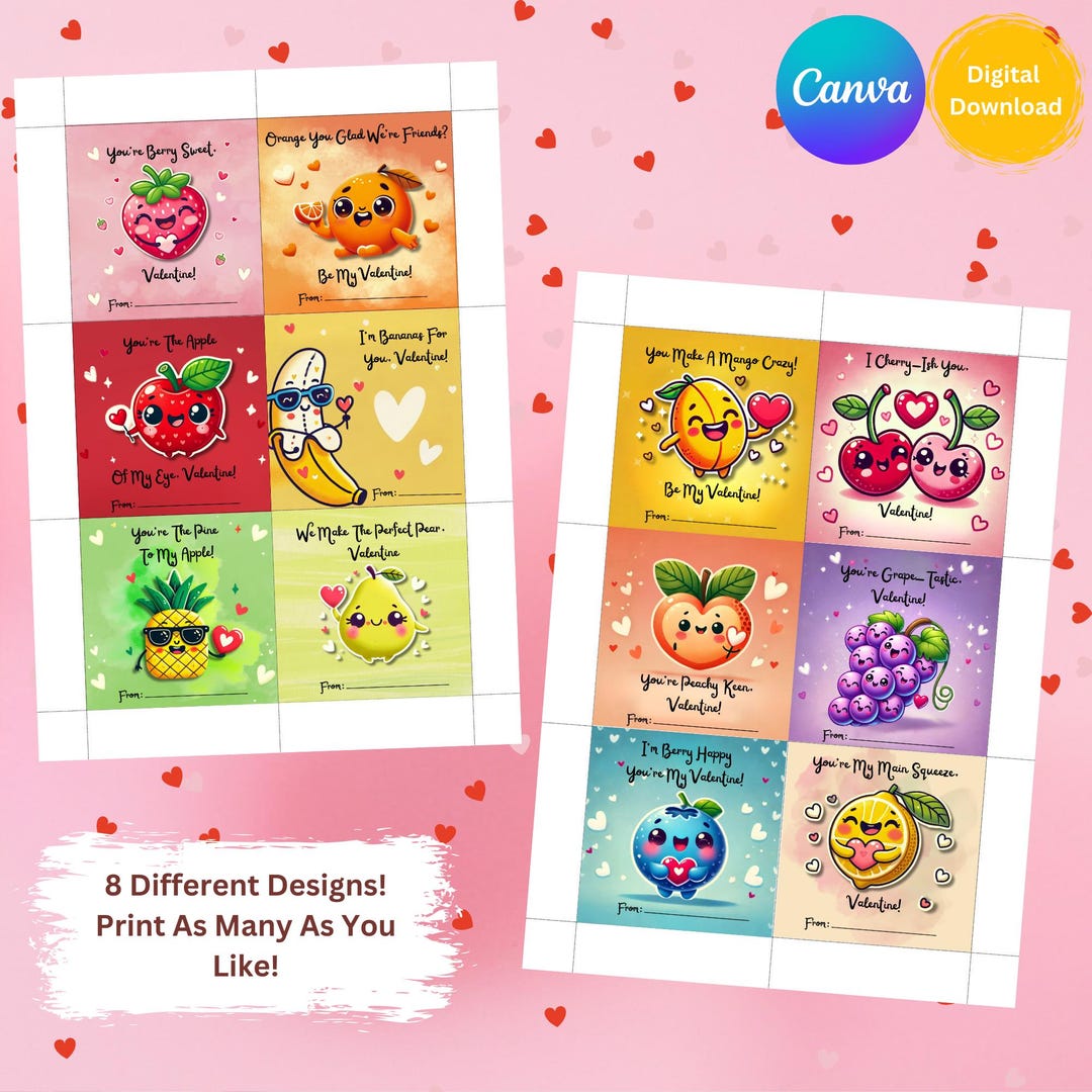 Kids Valentine's Day Cards, Cute Fruit Valentine Cards, Classroom ...