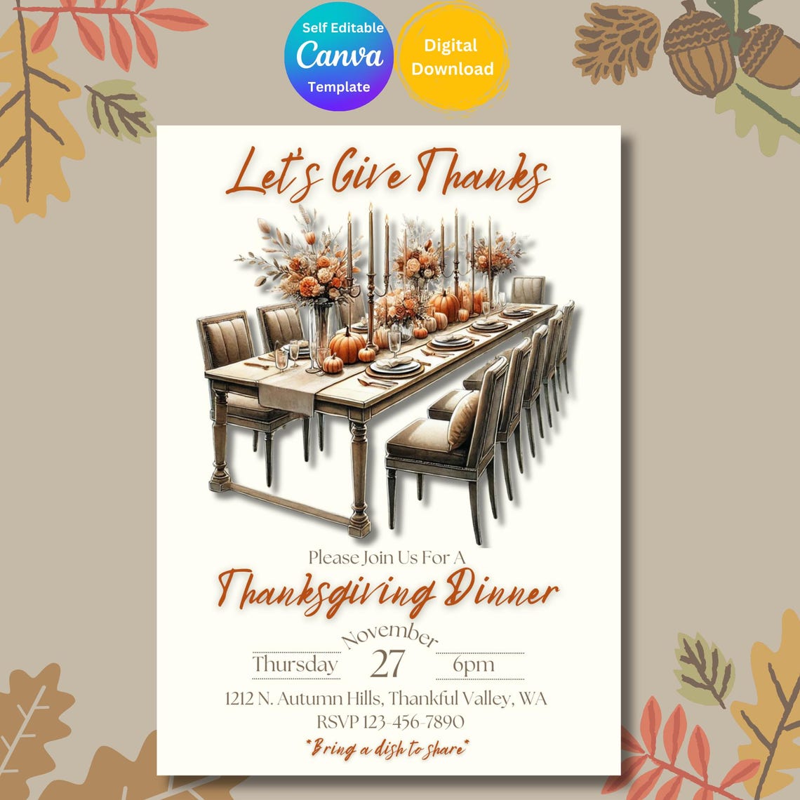 EDITABLE, Thanksgiving Dinner Invitation, Thanksgiving Party Invite ...