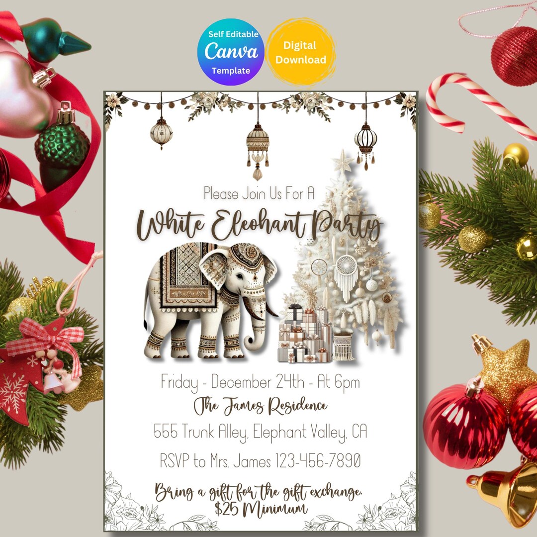 EDITABLE, White Elephant Gift Exchange Party Invitation, Boho Christmas ...
