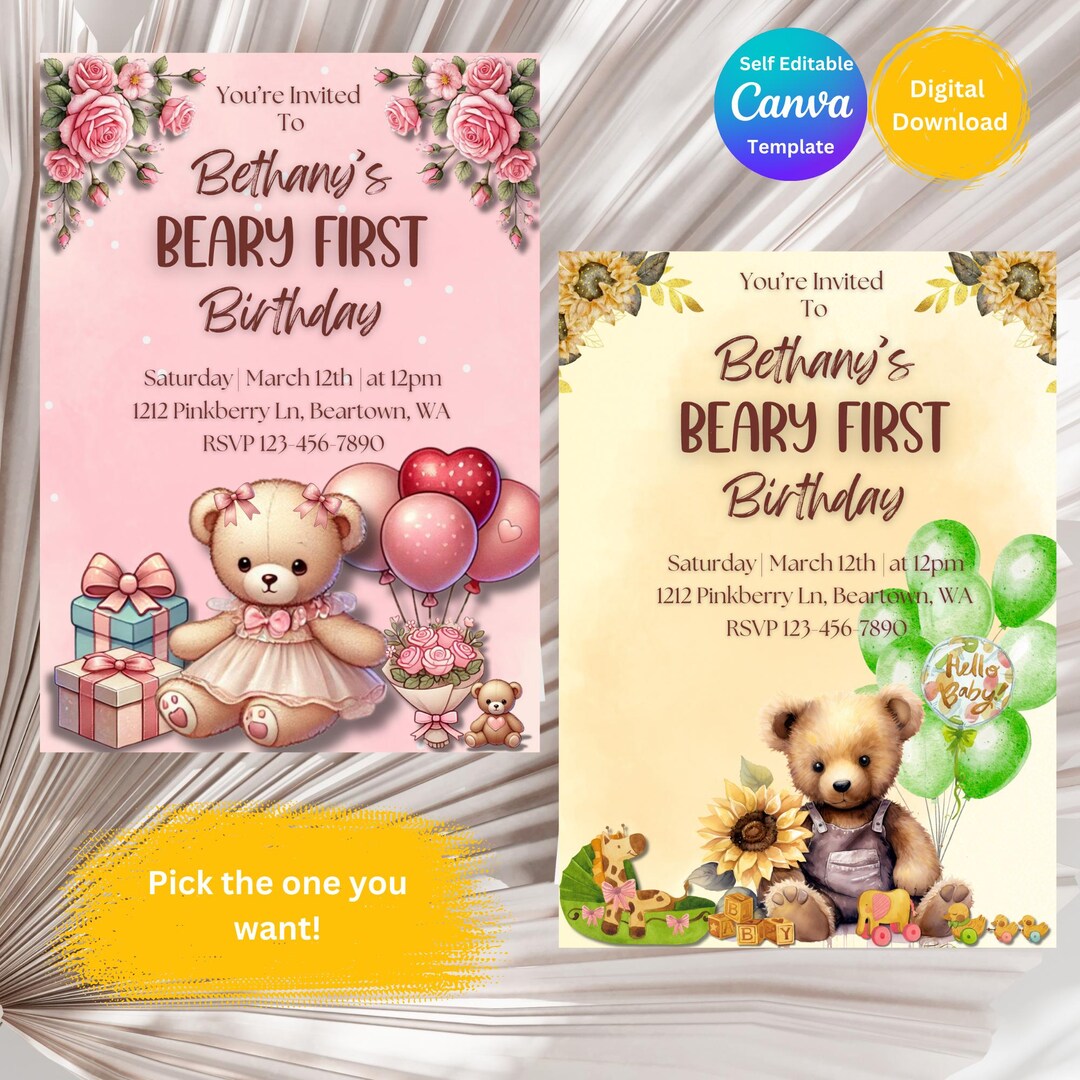 EDITABLE Beary First Birthday Invitation, First Birthday Invitation ...