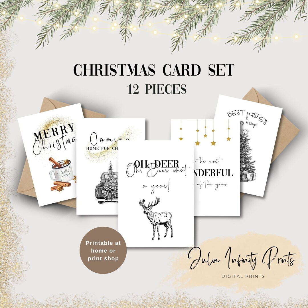 Printable Christmas Cards Set, 12 Christmas Cards, Minimalist Christmas ...