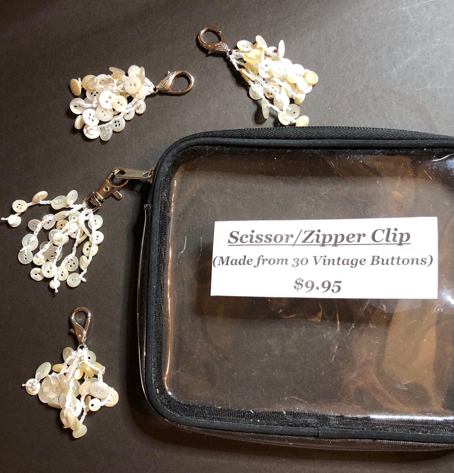 Vintage Button Dangle...button Zipper Pull...scissor Fob...needlework ...