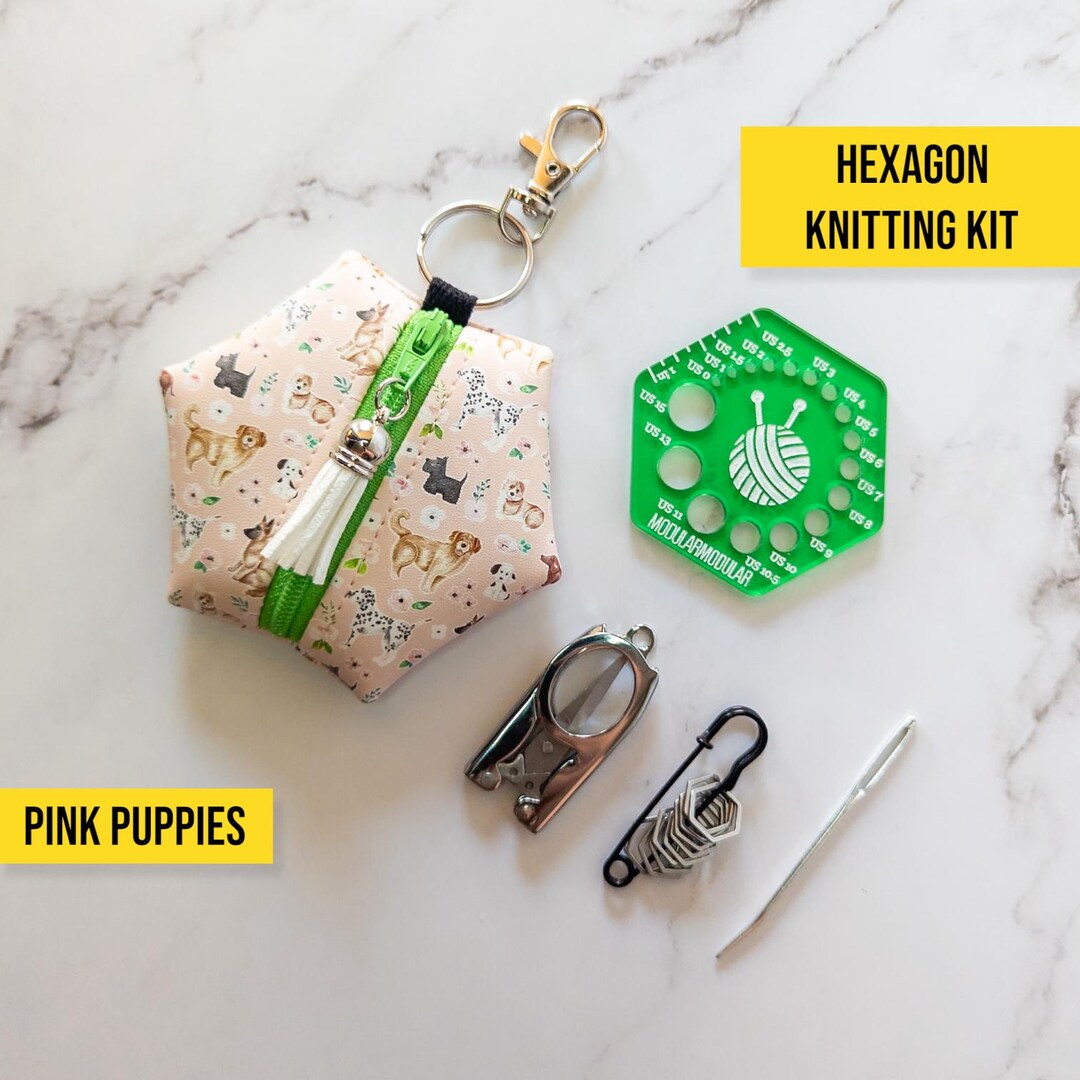 Hexagon Knitting Kits - Pink Puppies - Gift for Knitter, Needle Gauge ...