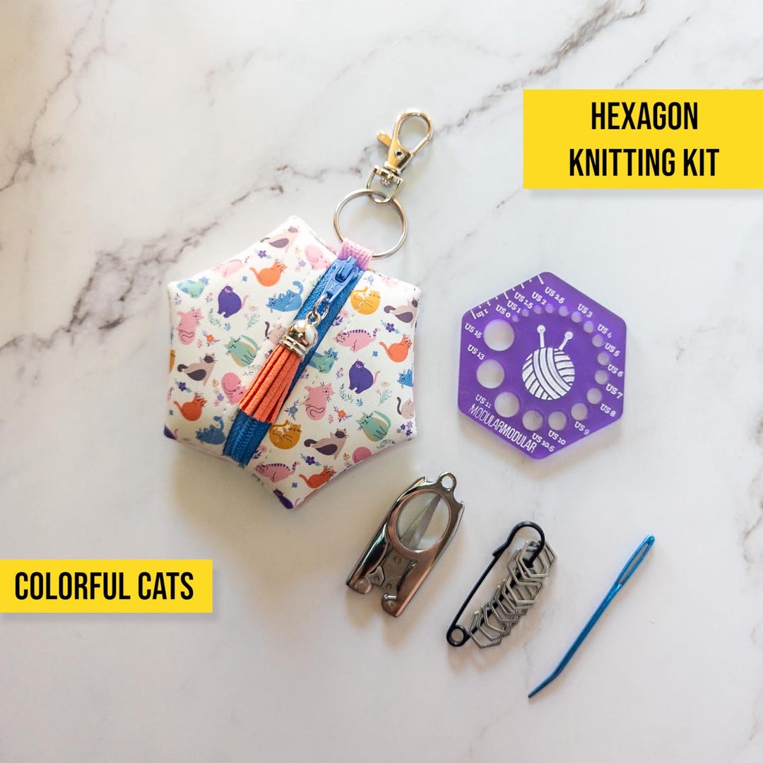 Hexagon Knitting Kits - Colorful Cats - Gift for Knitter, Needle Gauge ...