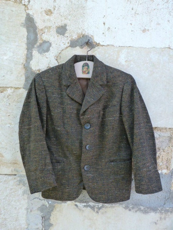 Vintage 1950 old French brown wool children jacket si… - Gem