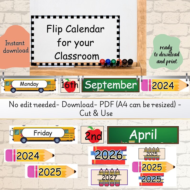 Classroom Flip Calendar Printable Calendar Hanging Set for the ...