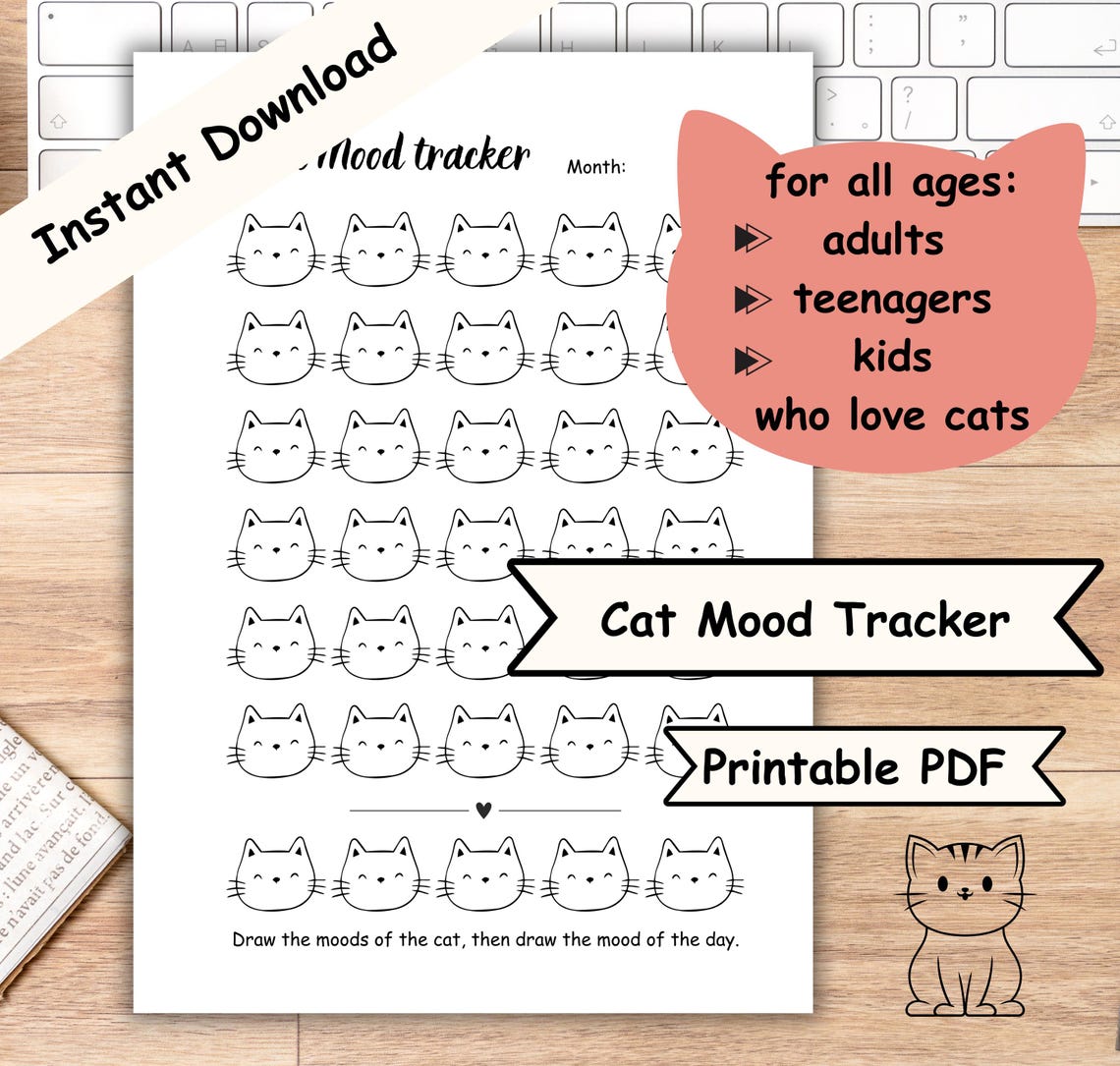 Cat Mood Tracker for All Ages Printable Sheet Monthly Cute Kitten Mood Tracker Track Your Mood ...
