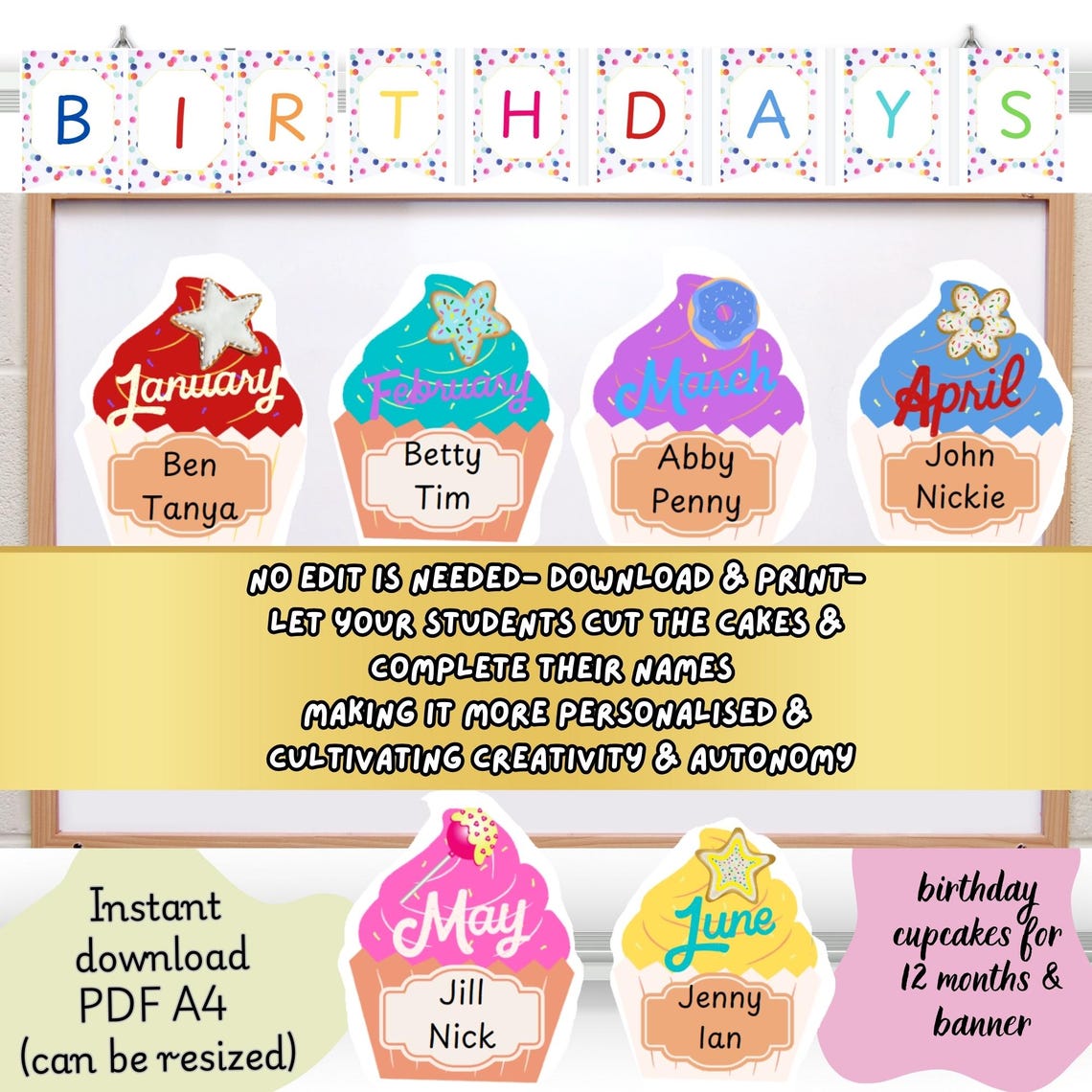 Classroom Birthday Board Cupcakes for Bulletin Board Printable for ...