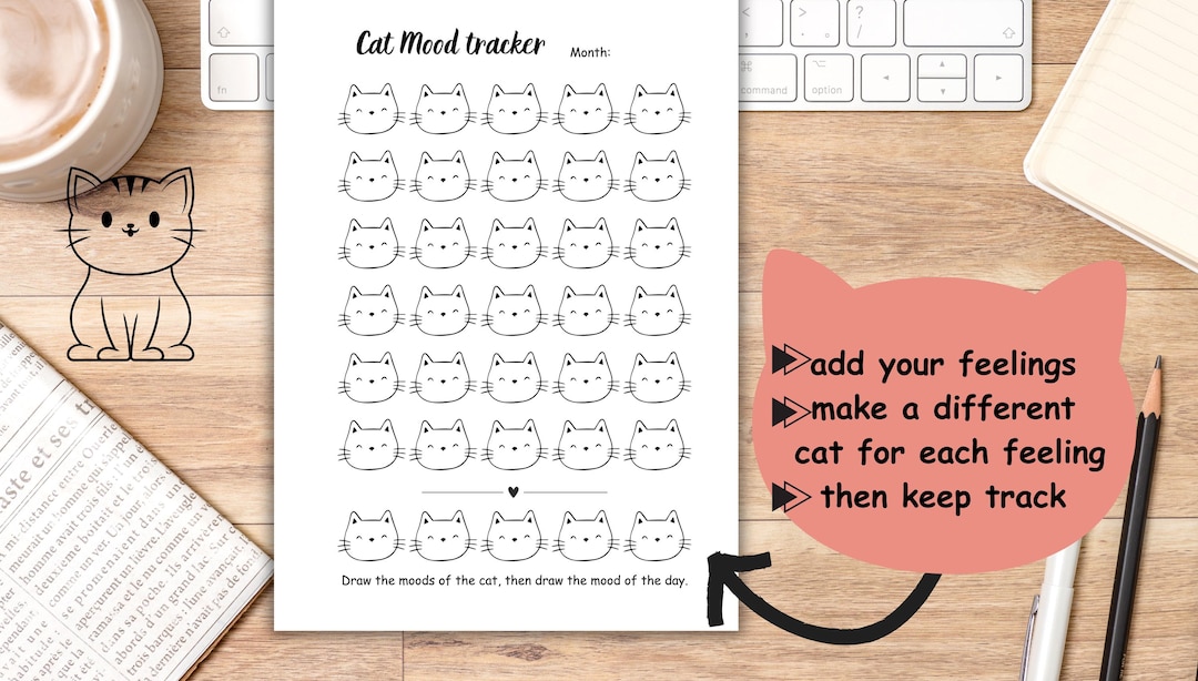 Cat Mood Tracker for All Ages Printable Sheet Monthly Cute Kitten Mood ...