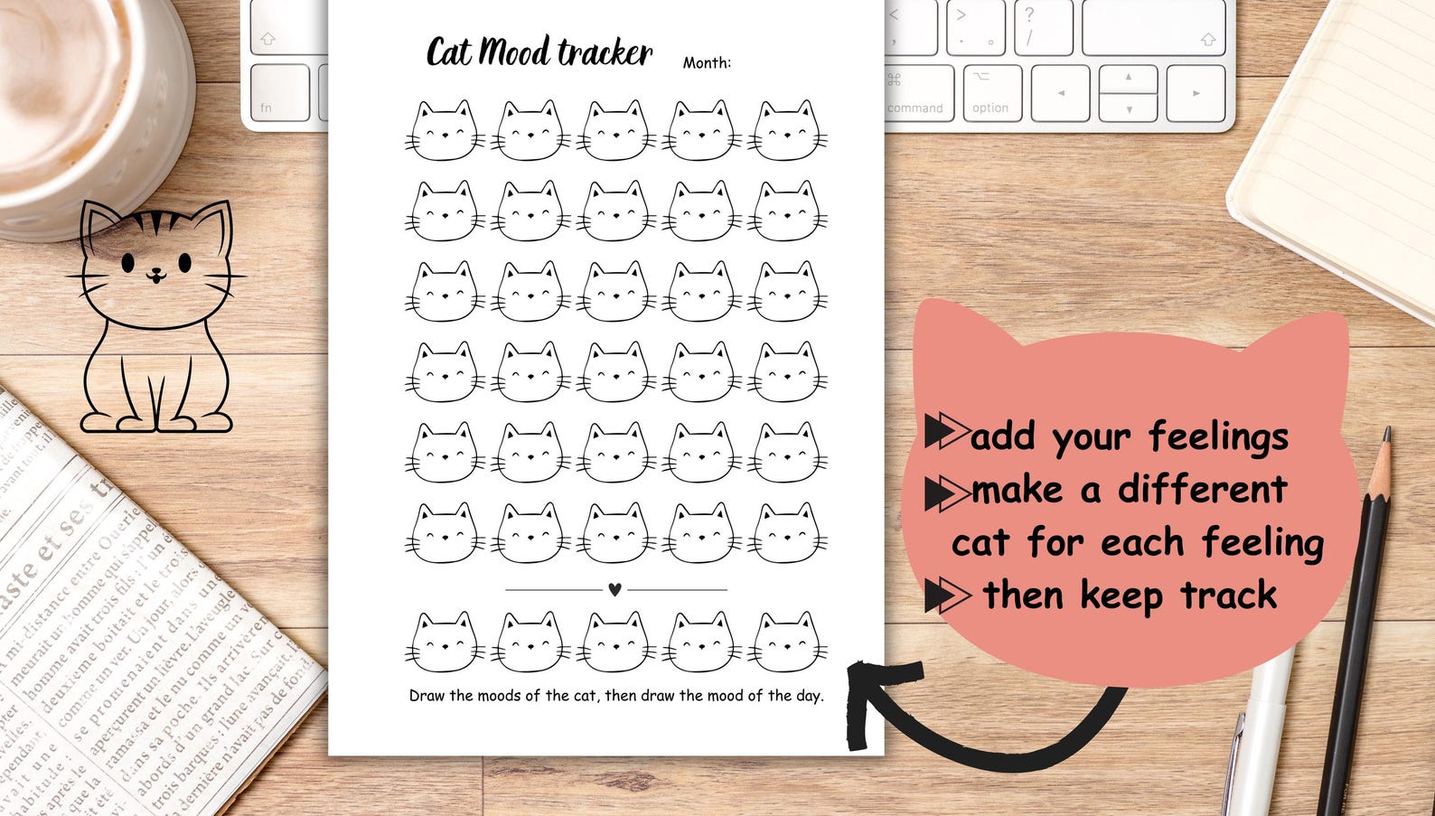 Cat Mood Tracker for All Ages Printable Sheet Monthly Cute Kitten Mood ...
